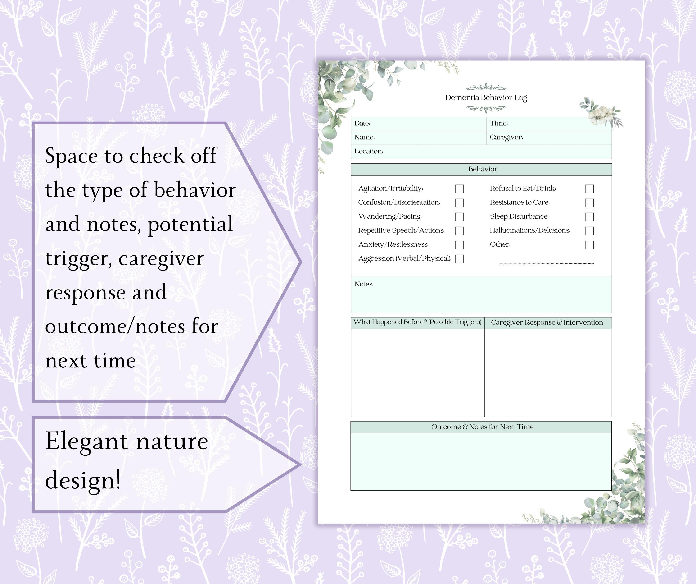 Dementia Behavior Log Printable PDF | Dementia Symptom Form | Family ...
