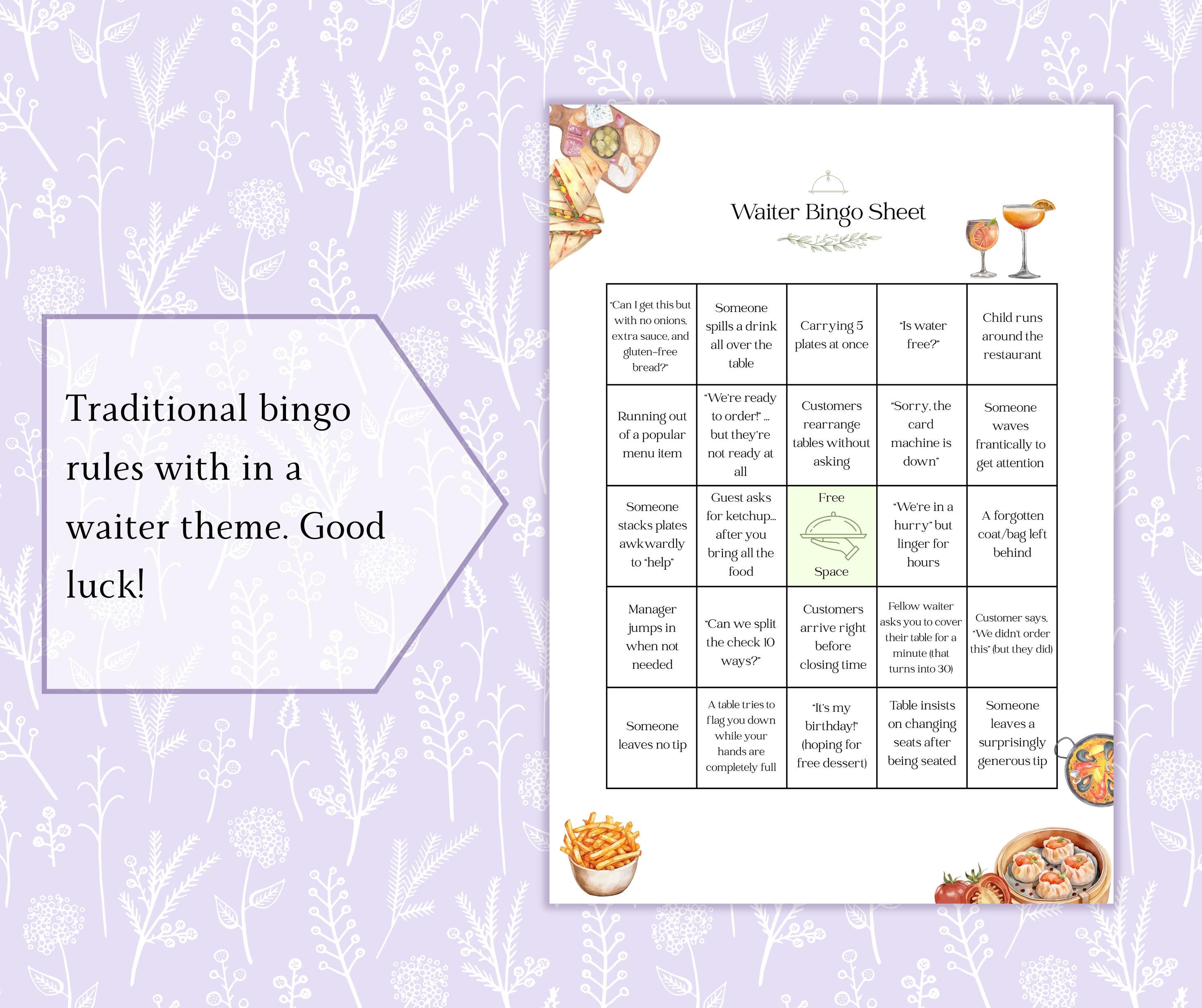 Waiter Bingo Sheet Printable PDF, Restaurant Server Game, Funny Waiter ...