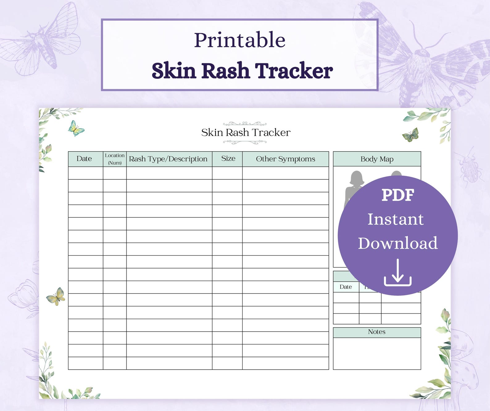 Skin Rash Tracker Printable PDF | Symptom Tracker | Skin Rash Journal ...
