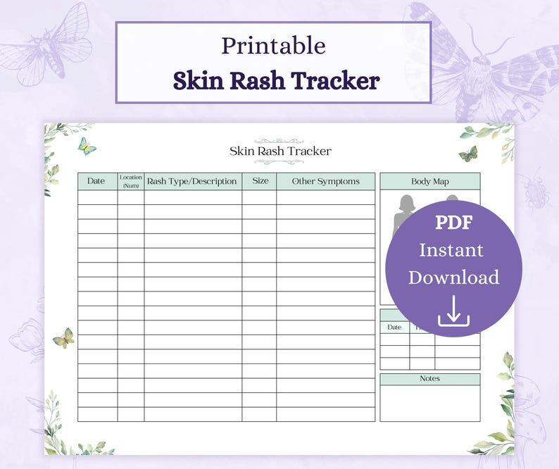 Skin Rash Tracker Printable PDF | Symptom Tracker | Skin Rash Journal ...