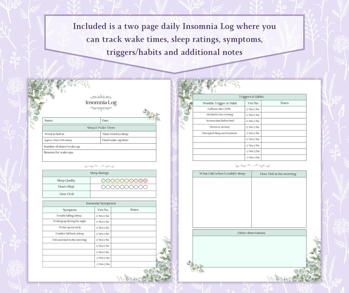 Insomnia Log Printable PDF | Sleep Log Printable | Sleep Disorder Log ...
