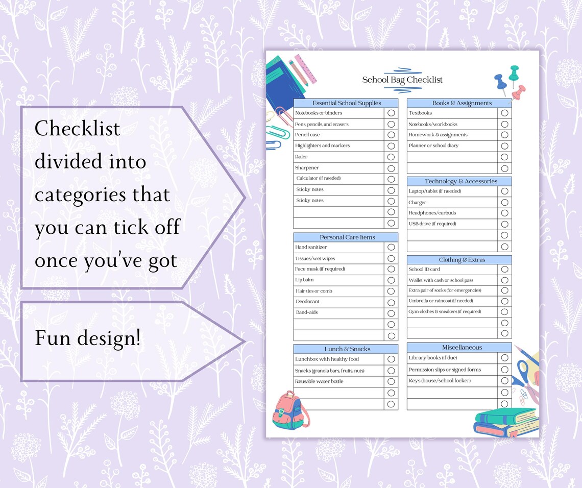 School Bag Checklist Printable PDF | School Backpack Packing List ...