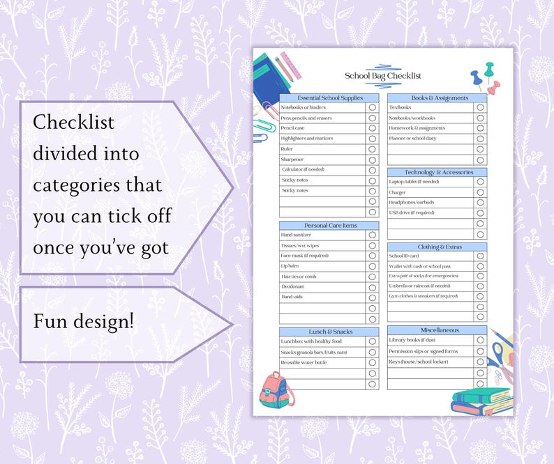 School Bag Checklist Printable PDF | School Backpack Packing List ...
