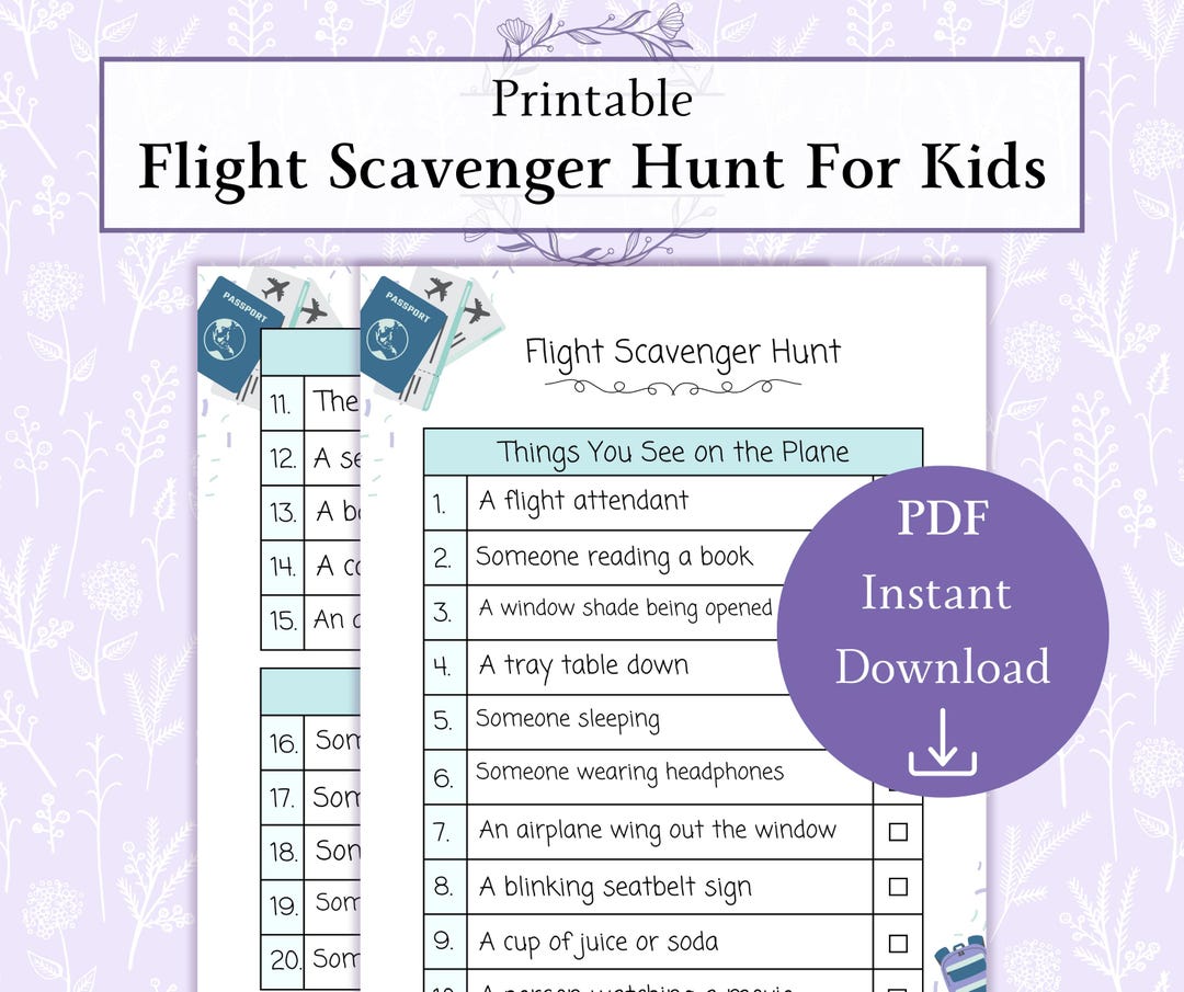 Kids Flight Scavenger Hunt Printable PDF | Kids Travel Activity ...