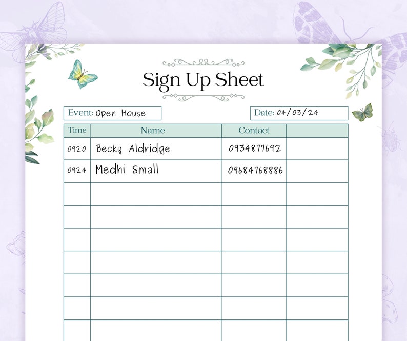 Sign up Sheet Printable PDF Registration Sheet Visitor Management ...