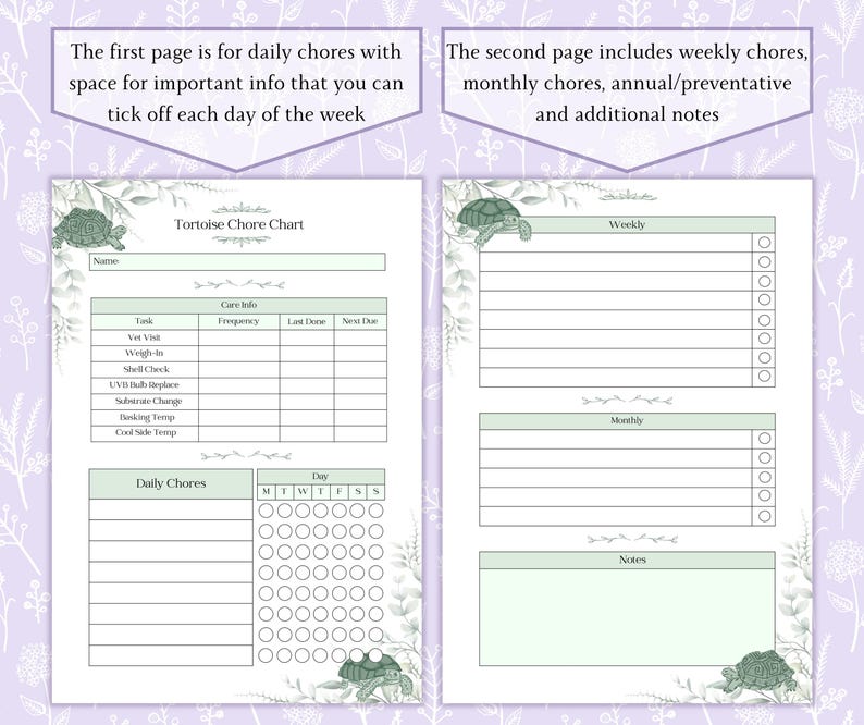 Tortoise Chore Chart Printable PDF | Tortoise Care Chart | Tortoise ...