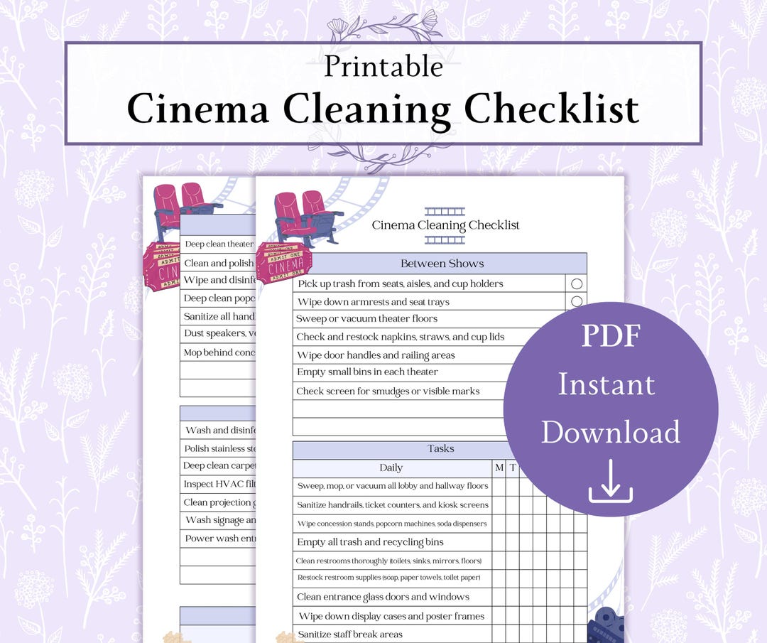 Cinema Cleaning Checklist Printable PDF, Movie Theater Cleaning ...