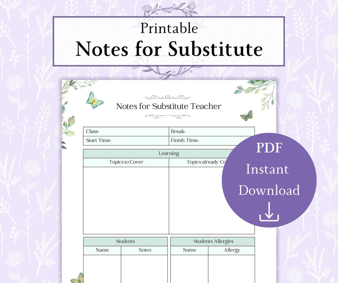 Notes for Substitute Sheet Printable PDF | Sub Notes Communication Log ...