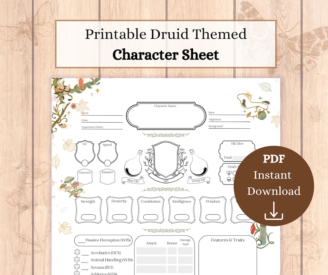 Druid Dnd Character Sheet Printable PDF Themed Nature Druid Character ...