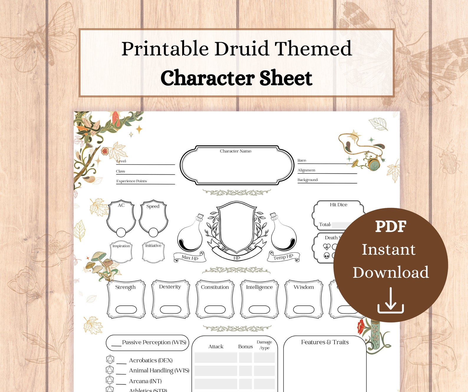 Druid Dnd Character Sheet Printable PDF | Themed Nature Druid Character ...