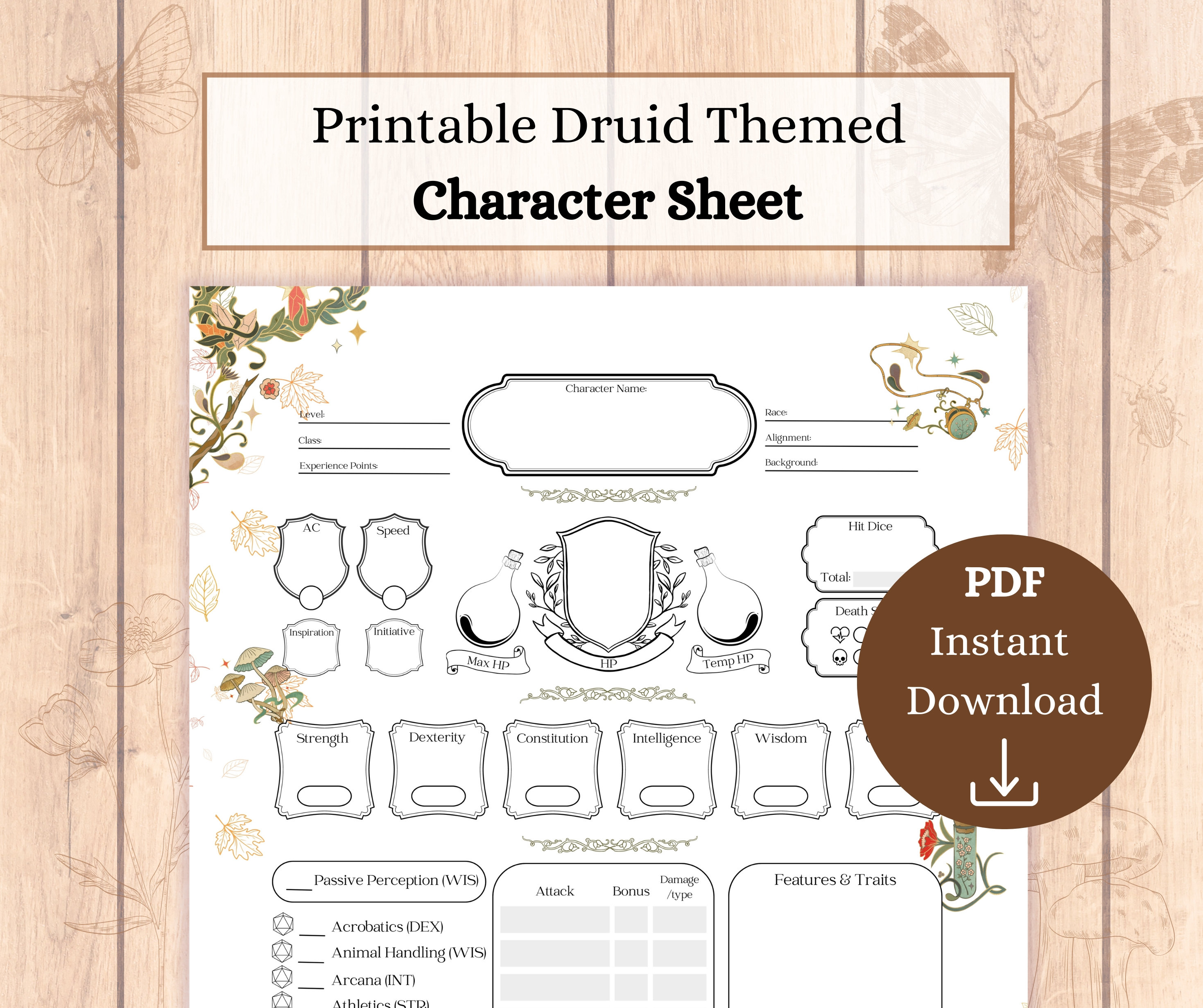 Druid Dnd Character Sheet Printable PDF | Themed Nature Druid Character ...