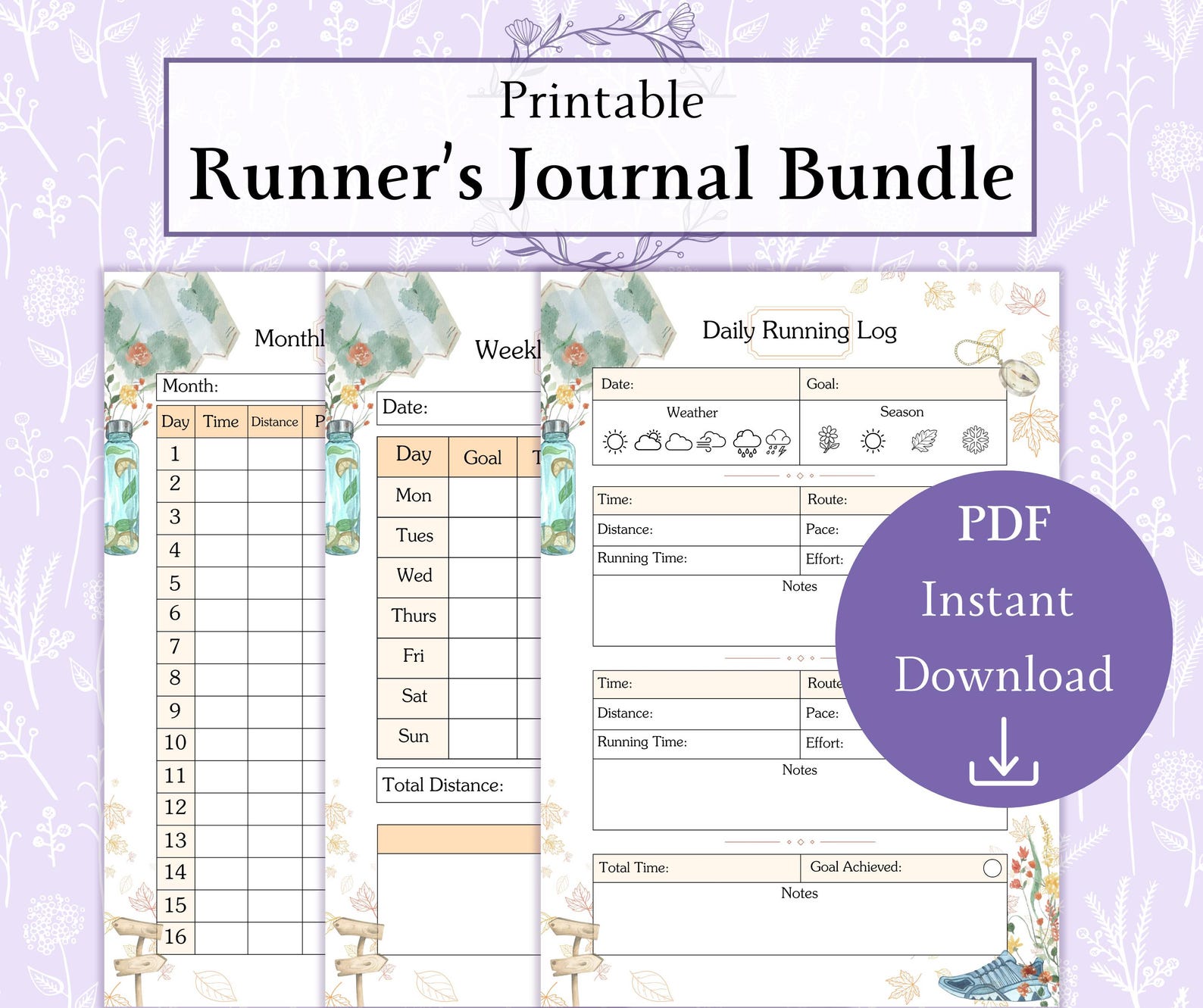 Runner's Journal Bundle Printable PDF | Daily Running Log | Weekly Running Log | Monthly Running ...