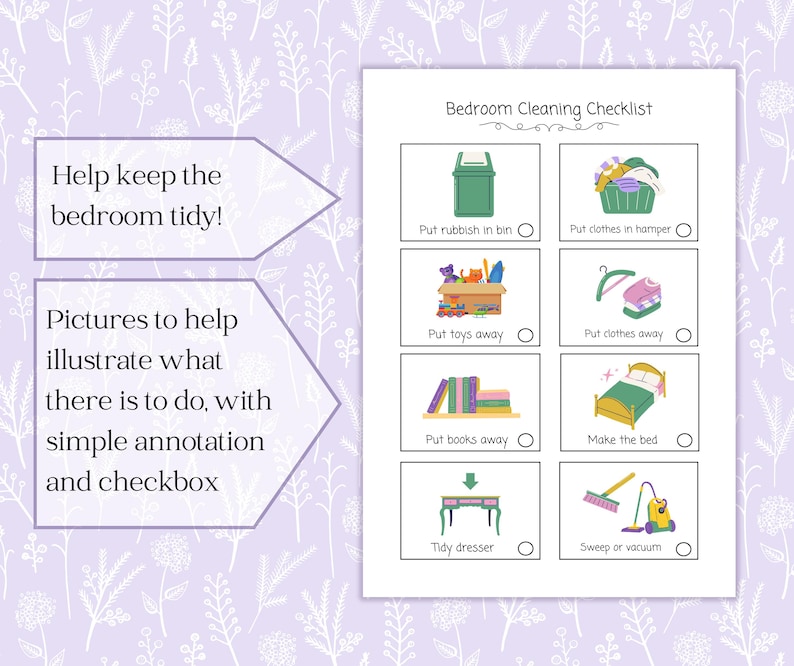 Bedroom Picture Chore Chart for Kids Printable PDF | Bedroom Cleaning ...