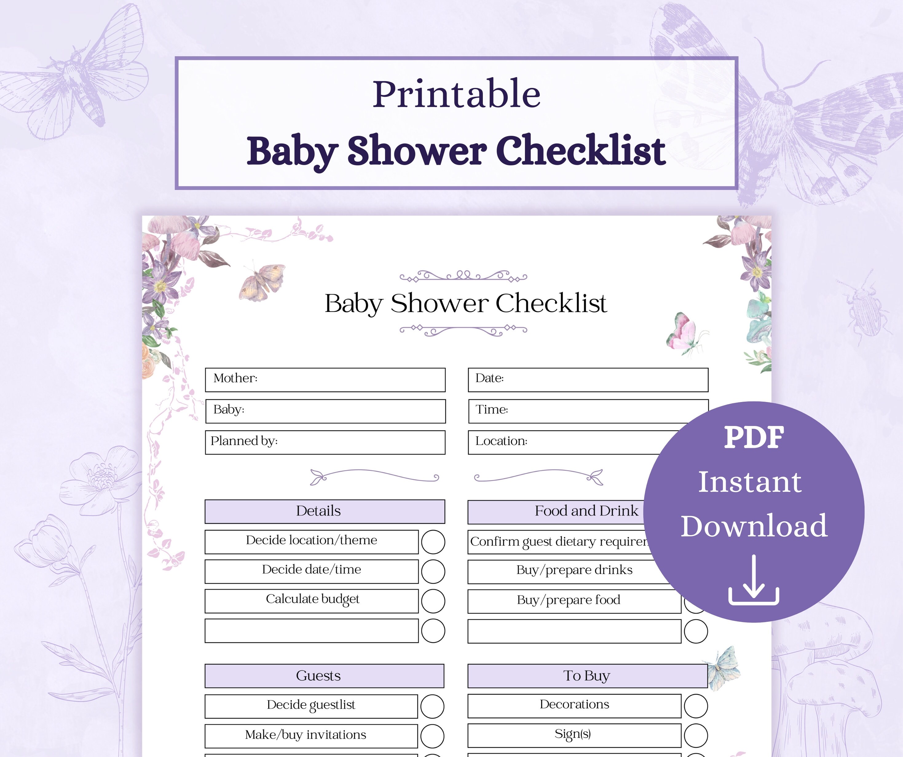 Baby Shower Checklist Printable PDF | Blessingway Event Planner | Baby ...
