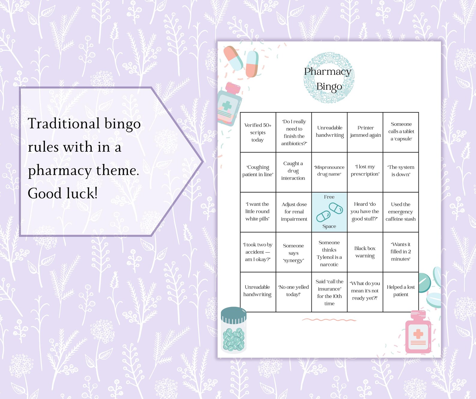 Pharmacy Bingo Card Sheet Printable PDF | Pharmacy Games | Funny Work ...