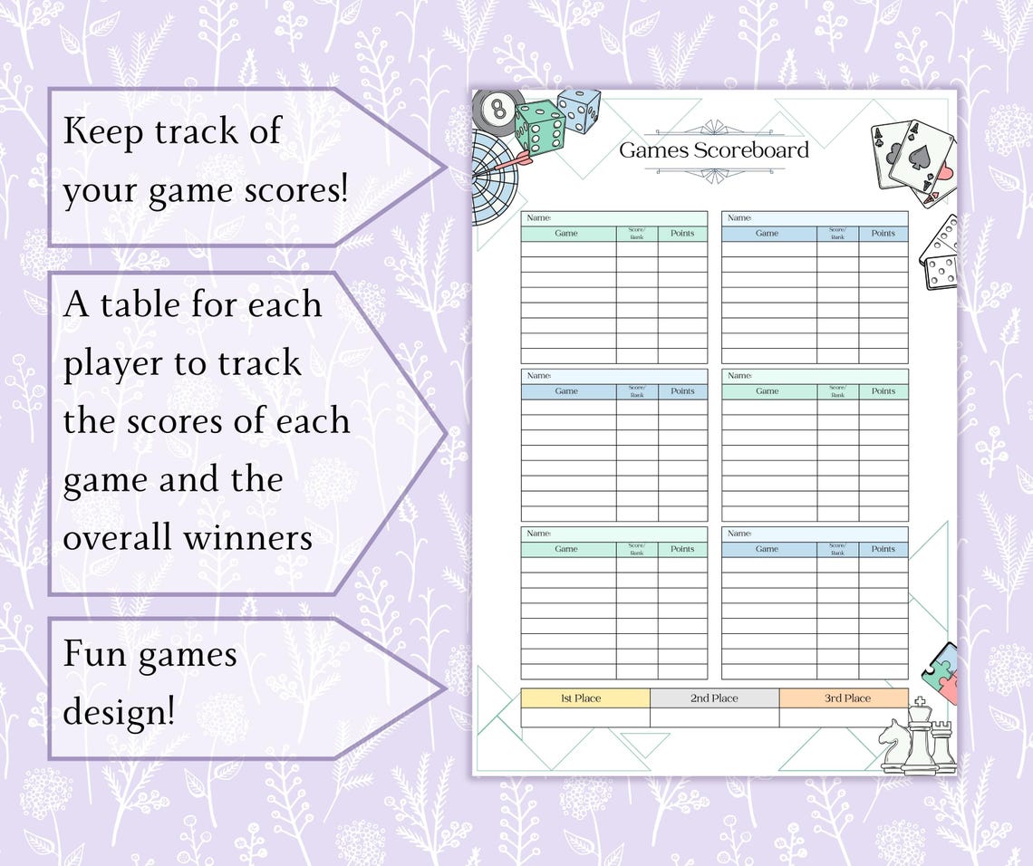 Games Scoreboard Printable PDF | Games Ranking | Board Game Party Sheet ...