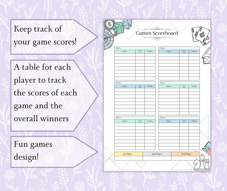 Games Scoreboard Printable PDF | Games Ranking | Board Game Party Sheet ...