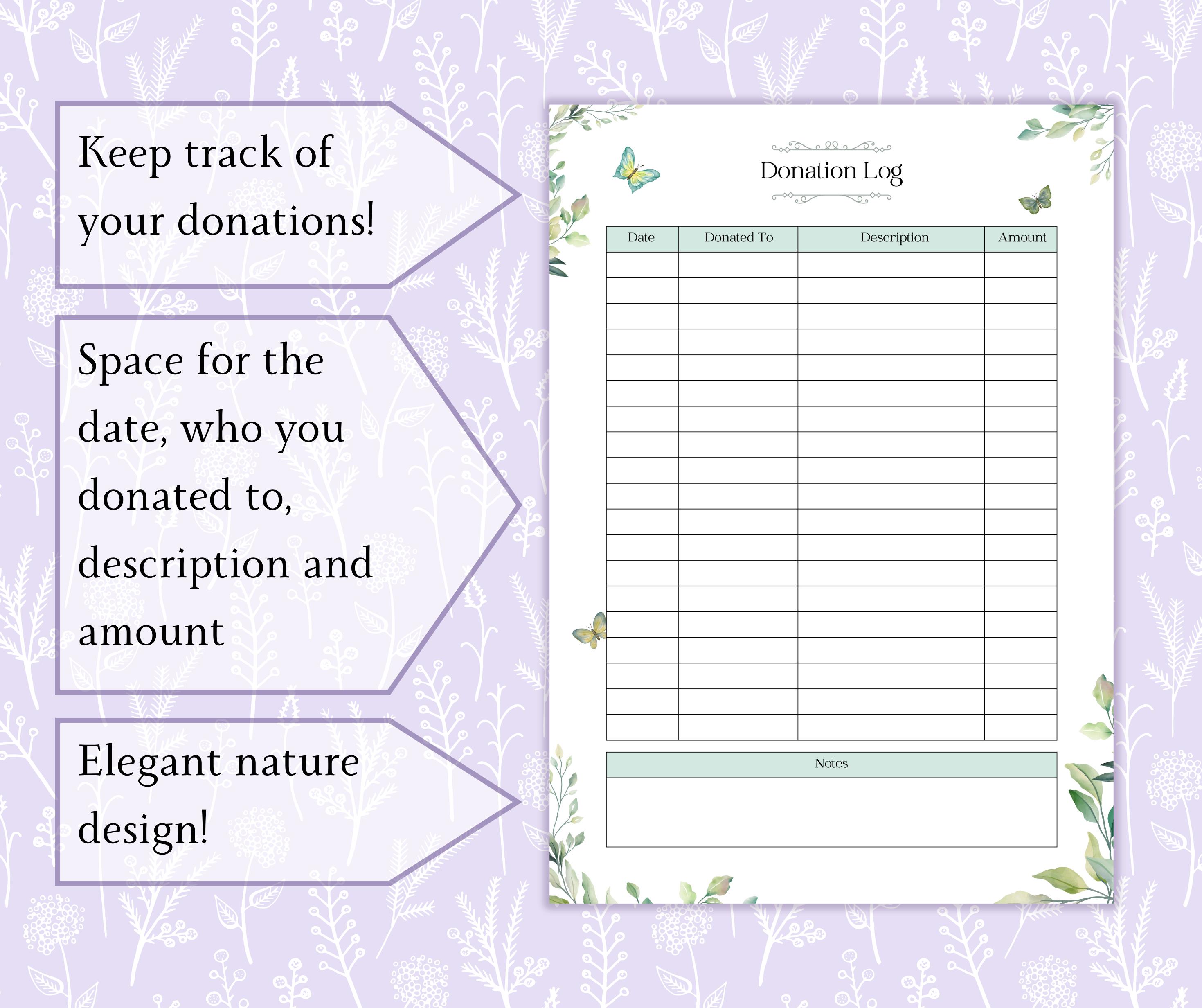Donation Log Printable PDF | Sponsors Tracker | Donation Chart ...