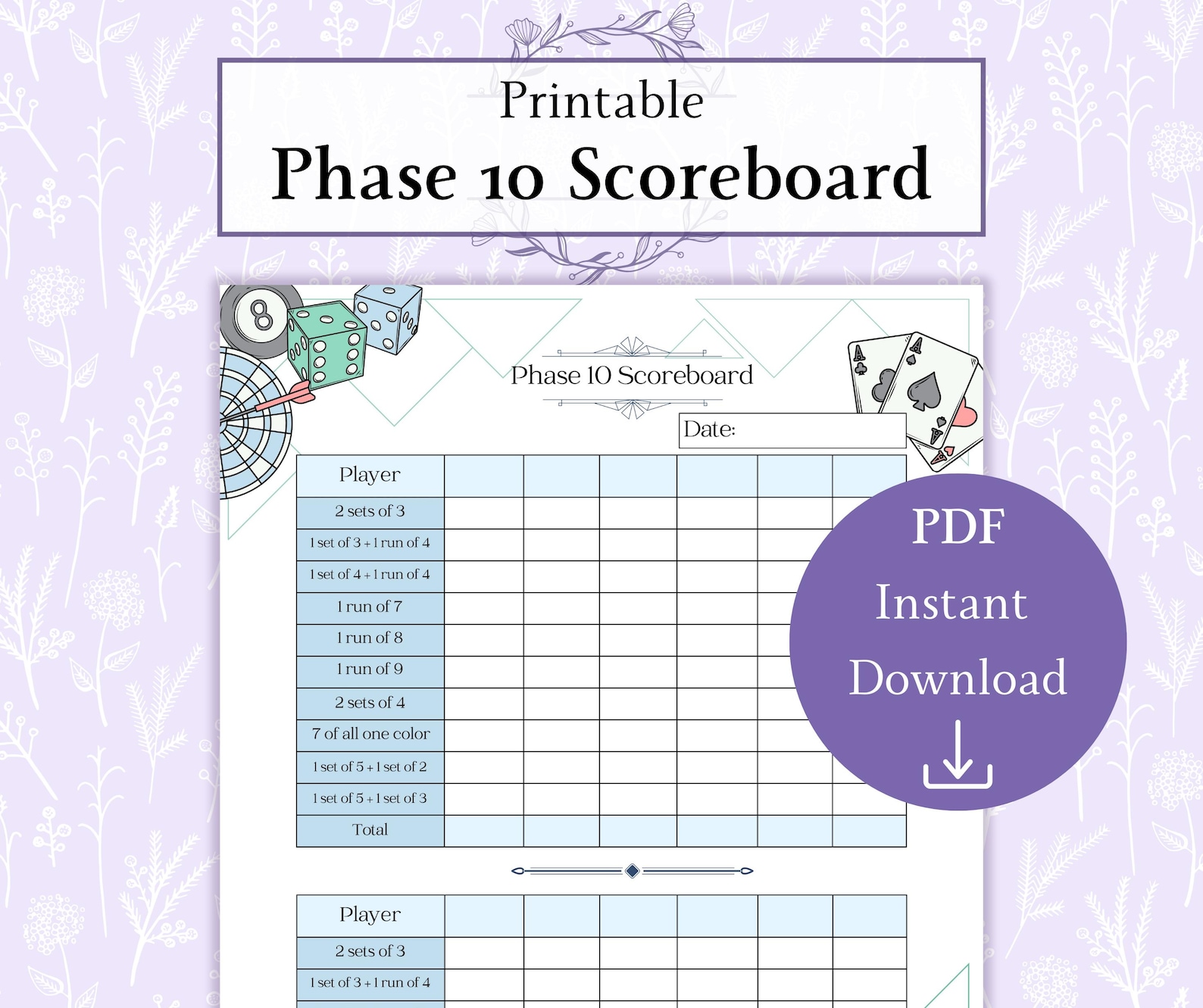 Phase 10 Scoreboard Sheet Printable PDF | Phase 10 Scorecard | Family ...