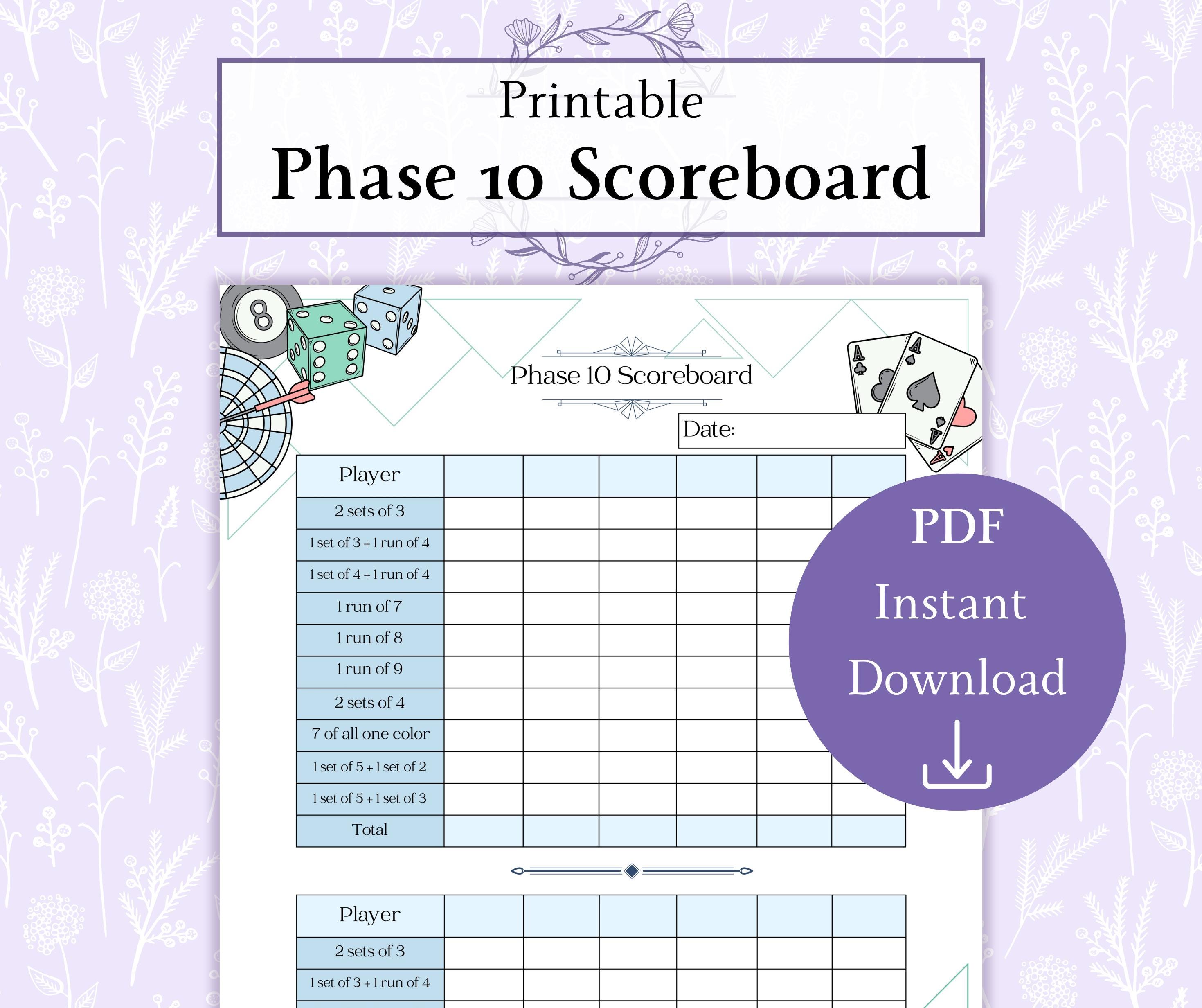 Phase 10 Scoreboard Sheet Printable PDF | Phase 10 Scorecard | Family ...