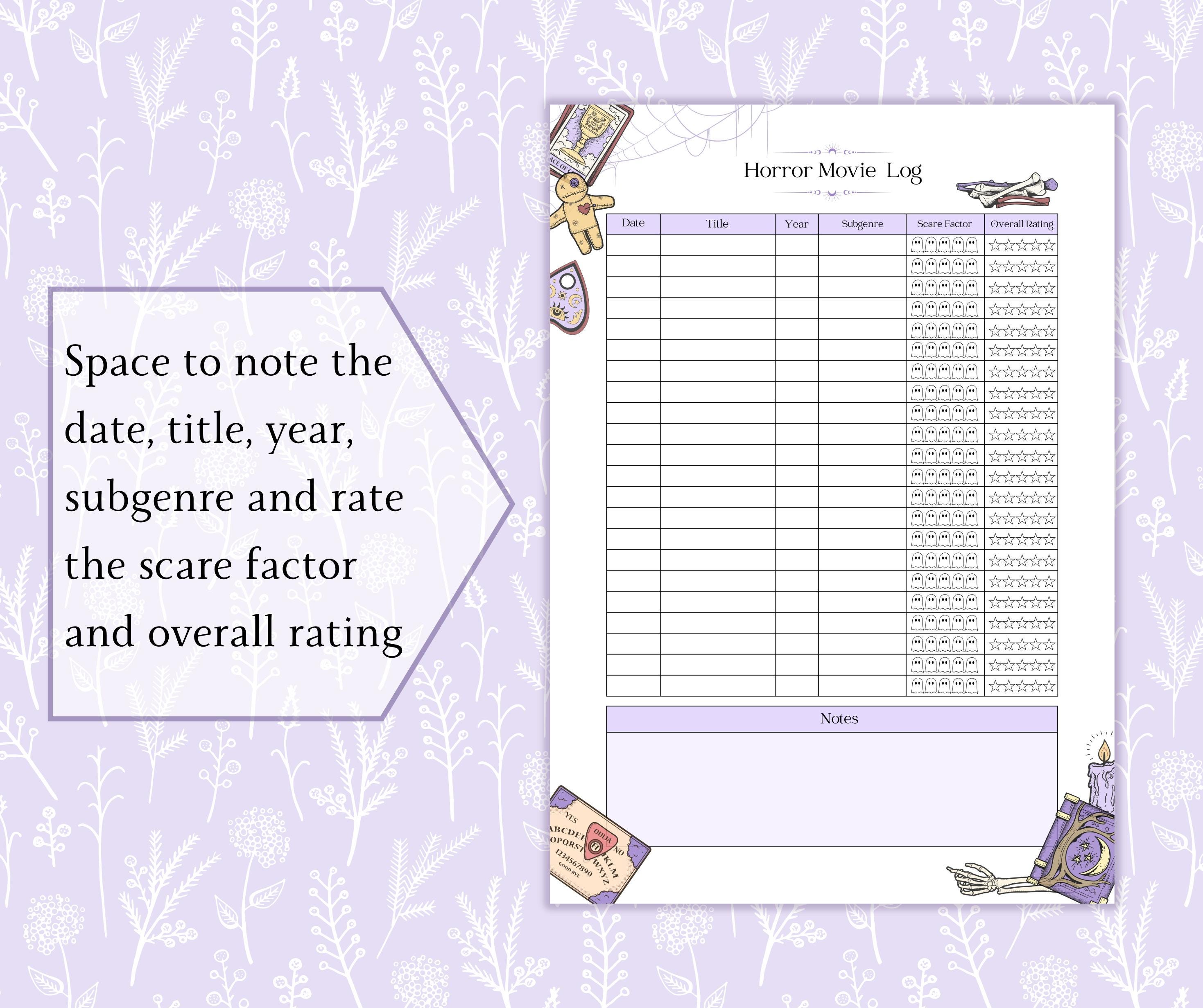 Horror Movie Log Printable PDF | Horror Logbook List | Movie Tracker ...