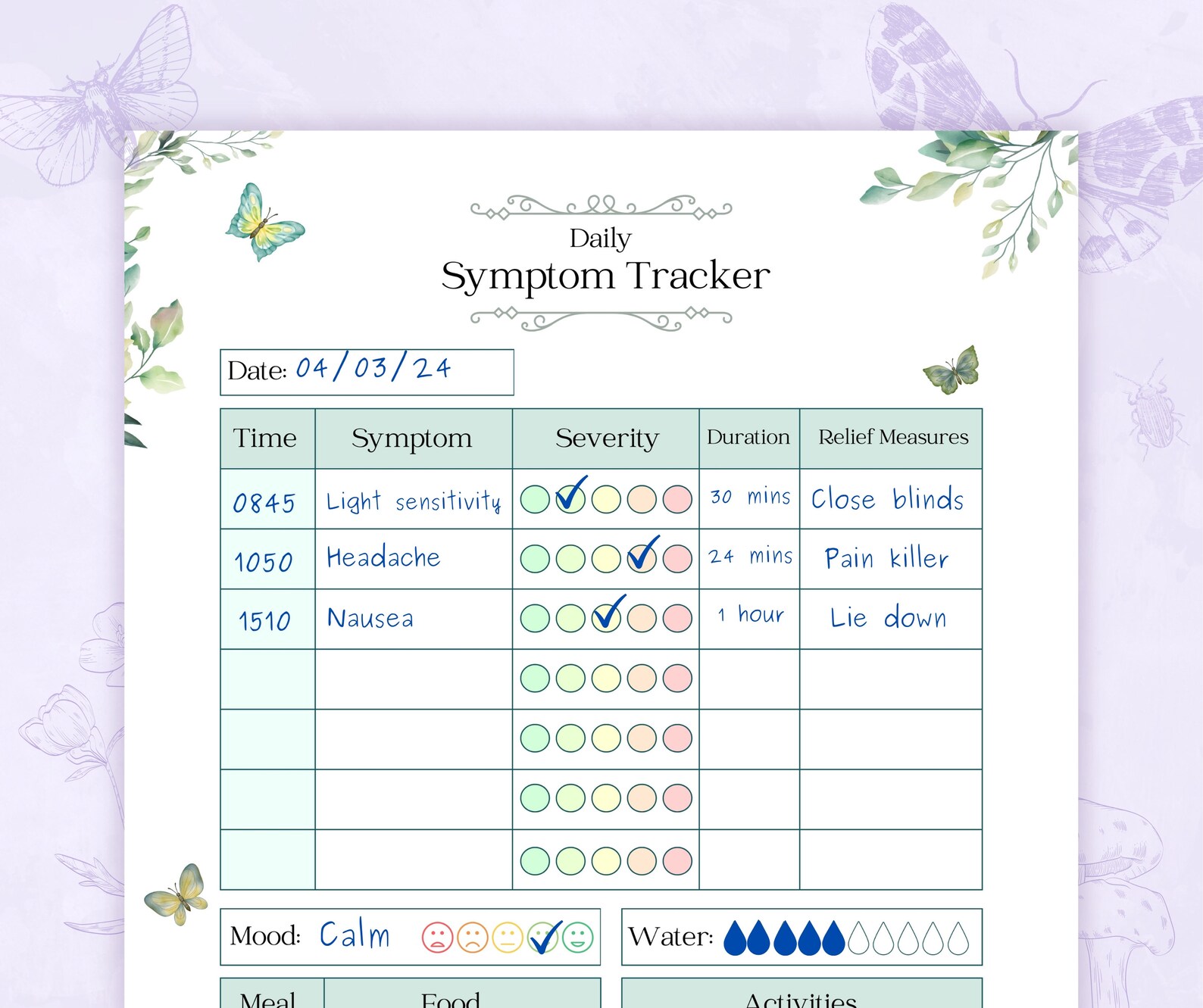 Daily Symptom Tracker Printable PDF | Medical Tracker | Symptom Chart ...