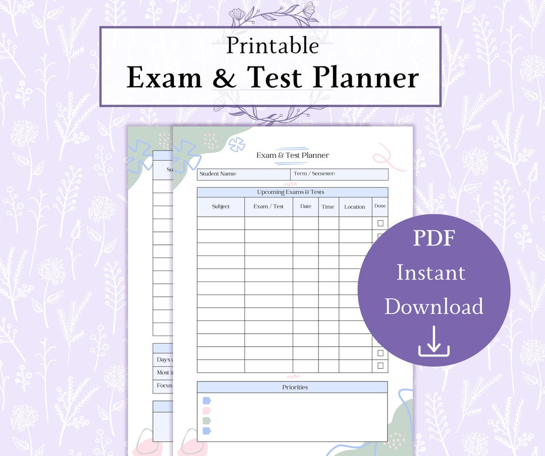 Exam and Test Planner Printable PDF, Student Exam Schedule & Study ...
