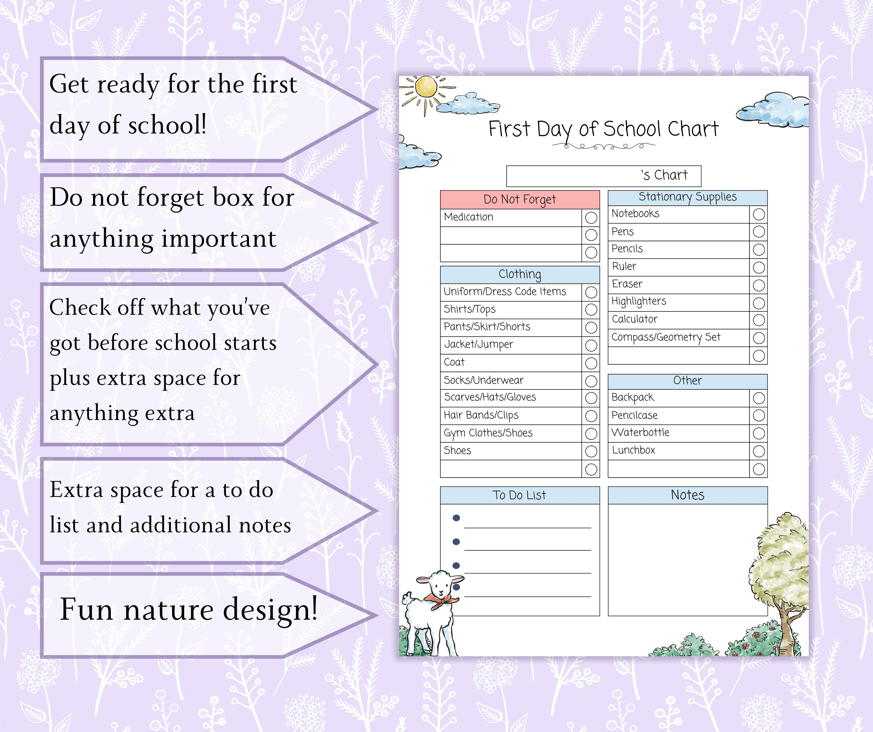 First Day of School Chart Printable PDF | First Day of School Checklist ...