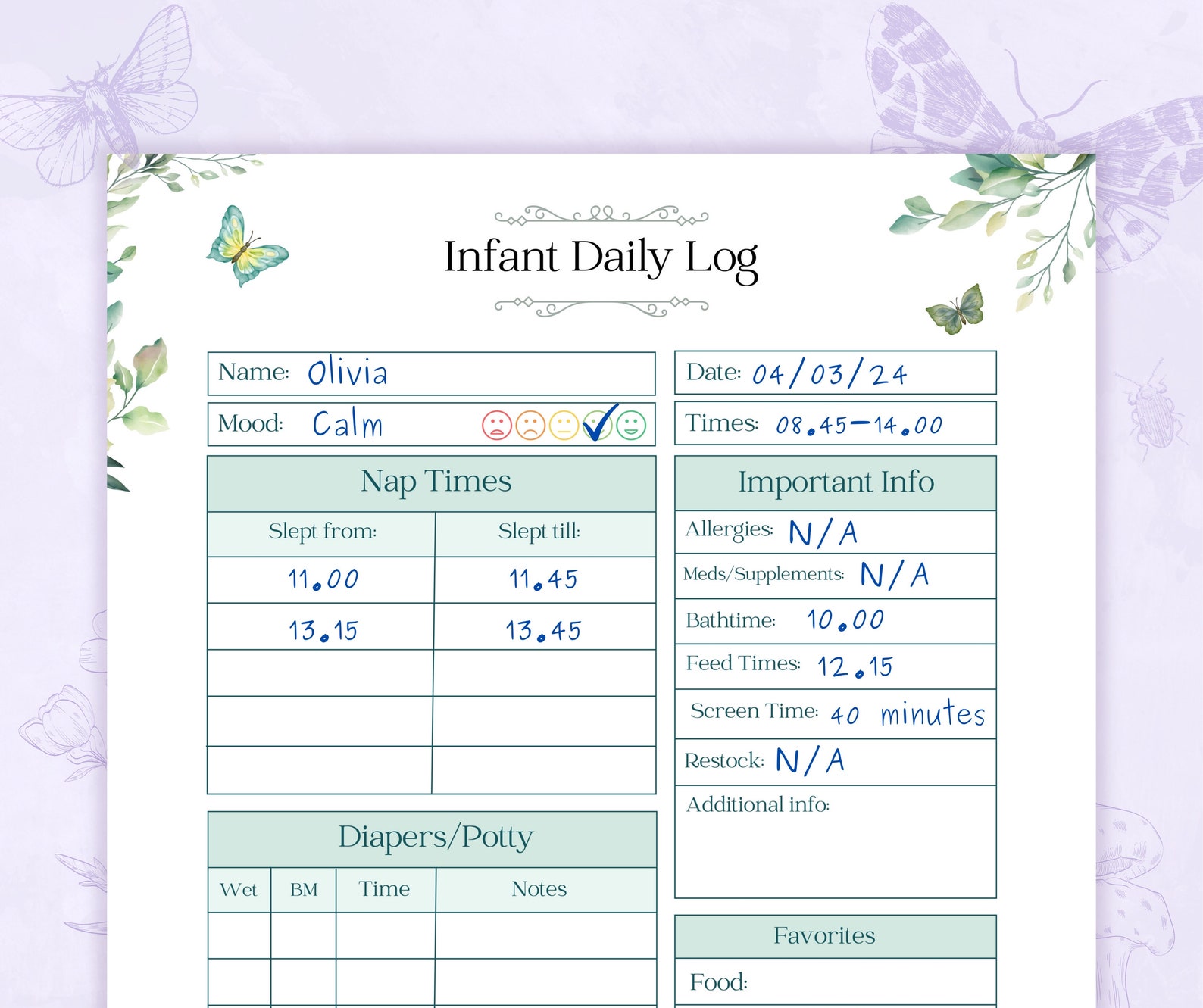 Infant Daily Log Printable PDF | Nanny Checklist | Caregiver Log ...