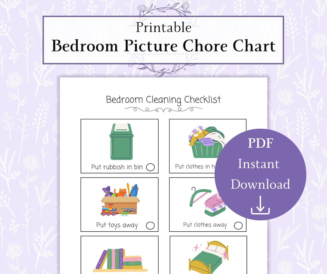Bedroom Picture Chore Chart for Kids Printable PDF | Bedroom Cleaning ...