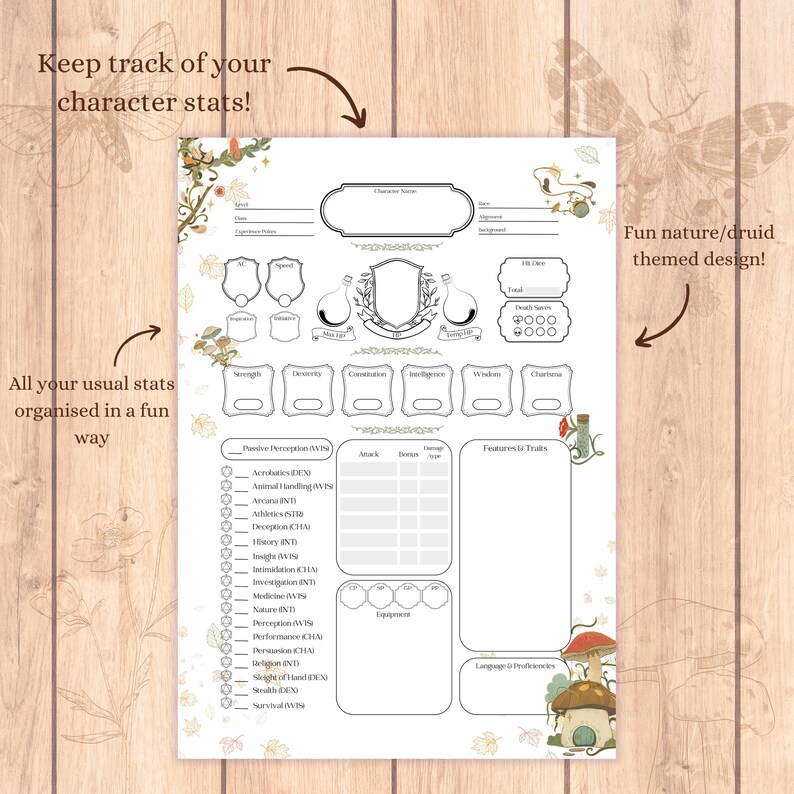 Druid Dnd Character Sheet Printable PDF | Themed Nature Druid Character ...