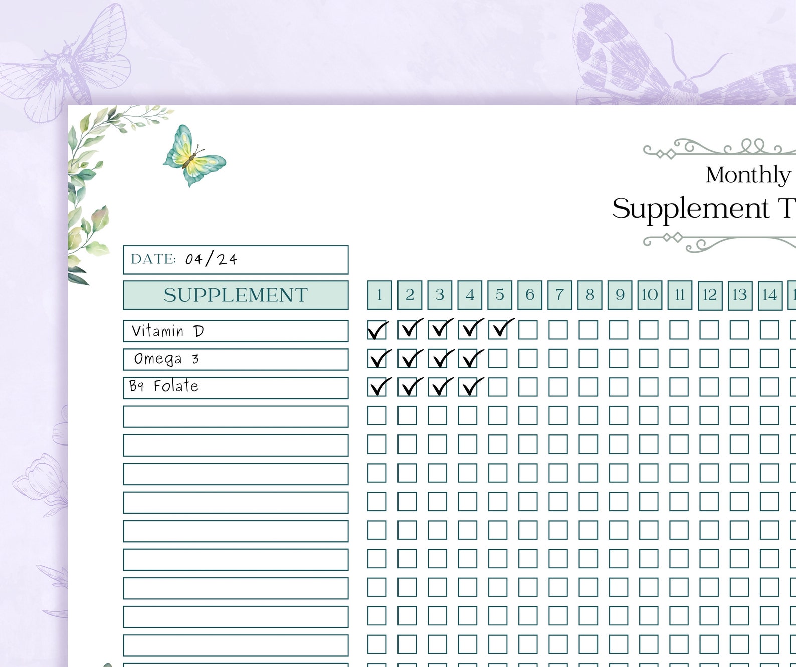 Supplement Tracker Printable PDF | Vitamin Tracker Monthly Checklist ...