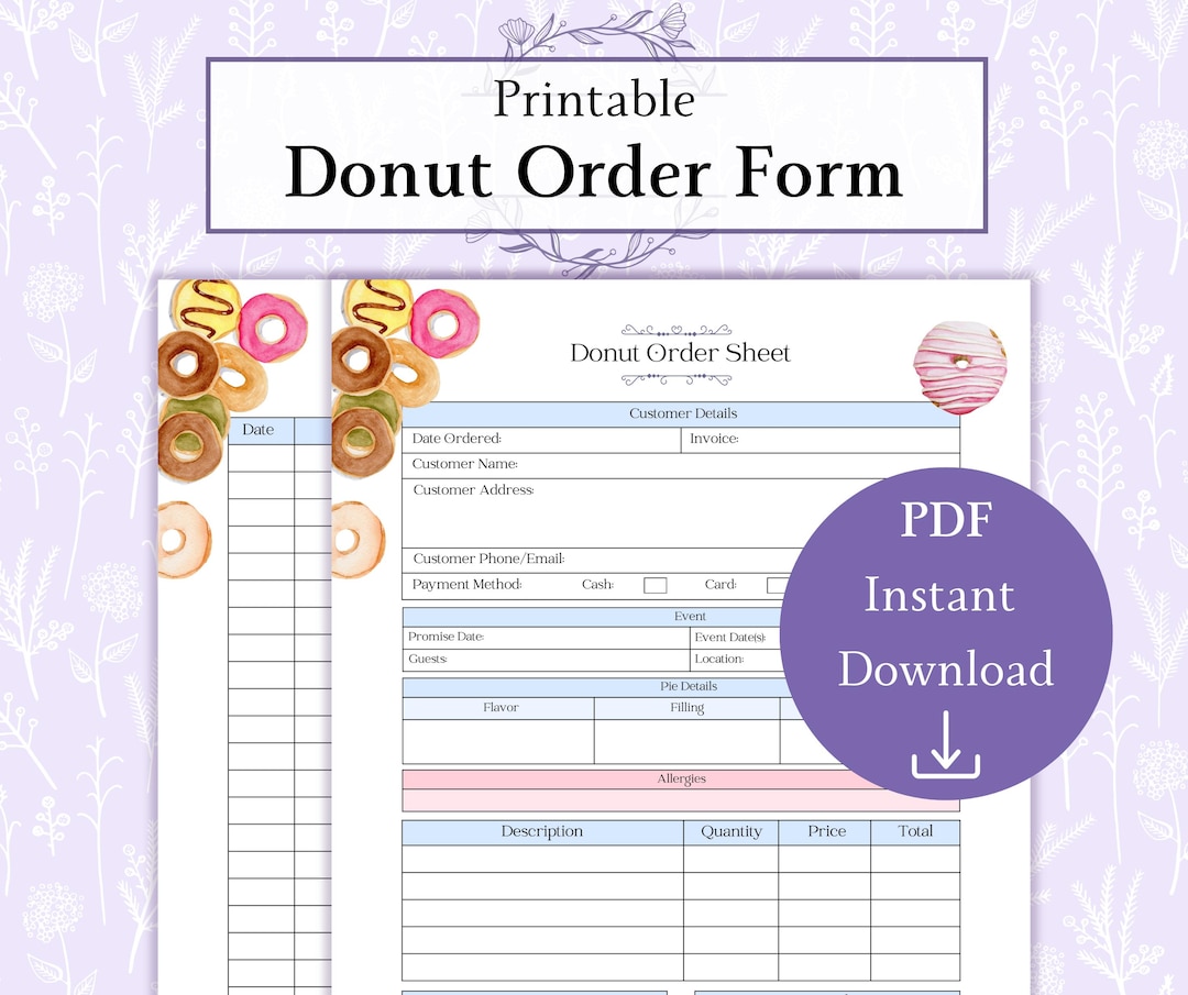 Donuts Order Form Printable PDF | Donut Order Log | Dessert Order Sheet ...