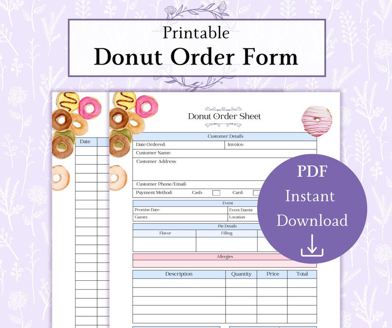 Donuts Order Form Printable PDF | Donut Order Log | Dessert Order Sheet ...