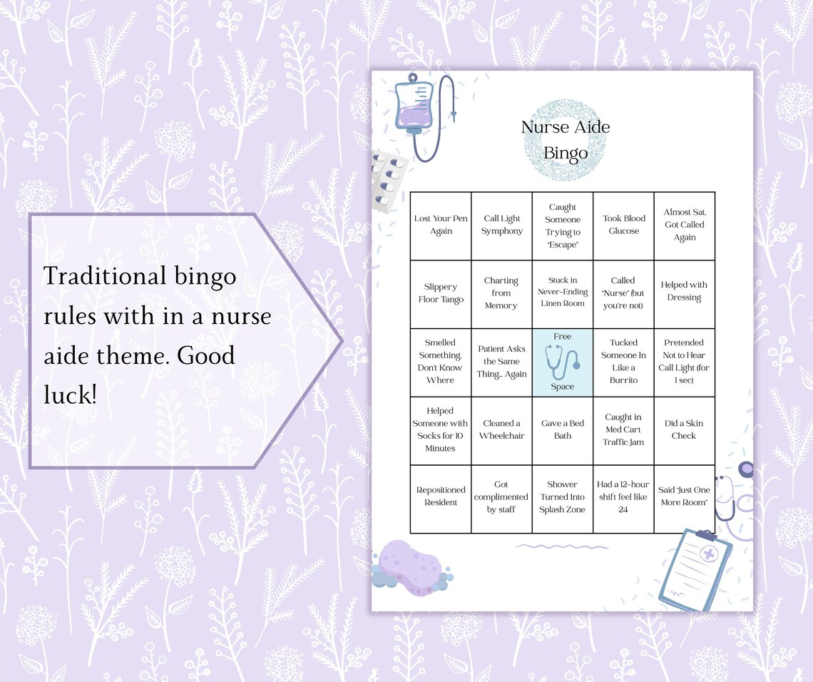 Nurse Aide Bingo Sheet Printable PDF | CNA Bingo | Nursing Home Bingo ...