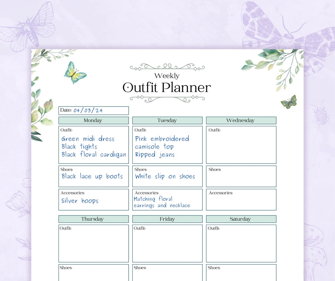 Outfit Planner Printable PDF Clothes Organiser Outfit Log Weekly ...