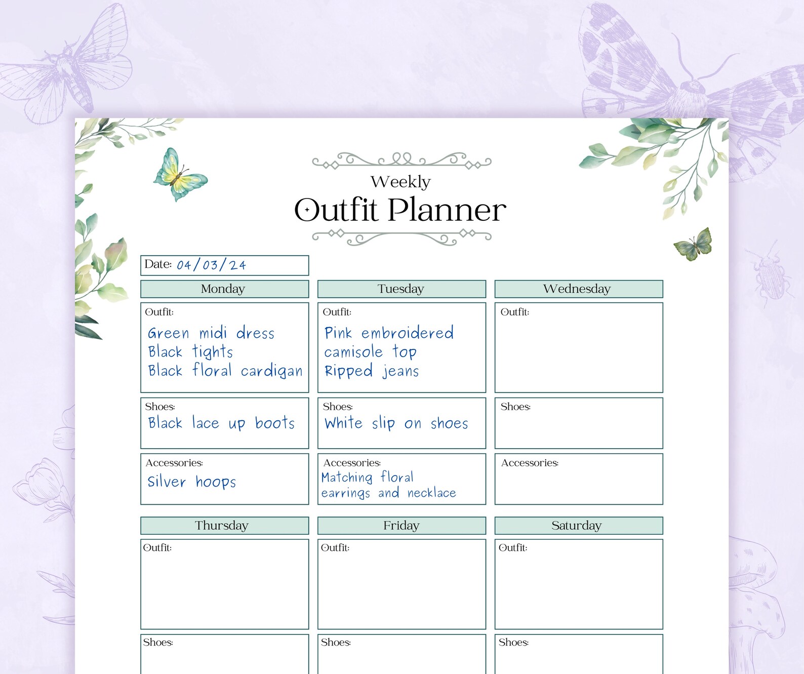 Outfit Planner Printable PDF | Clothes Organiser | Outfit Log | Weekly ...