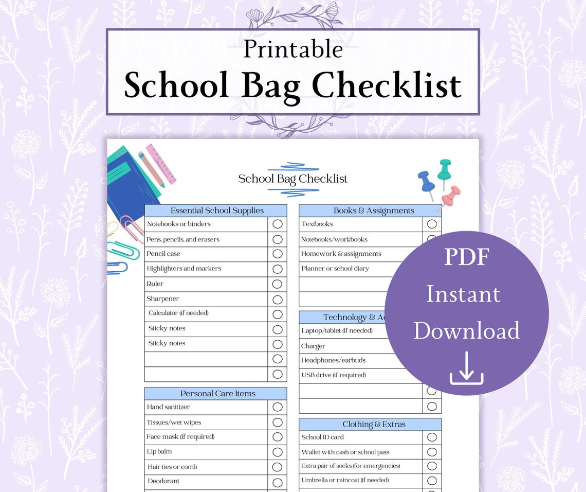 School Bag Checklist Printable PDF | School Backpack Packing List ...
