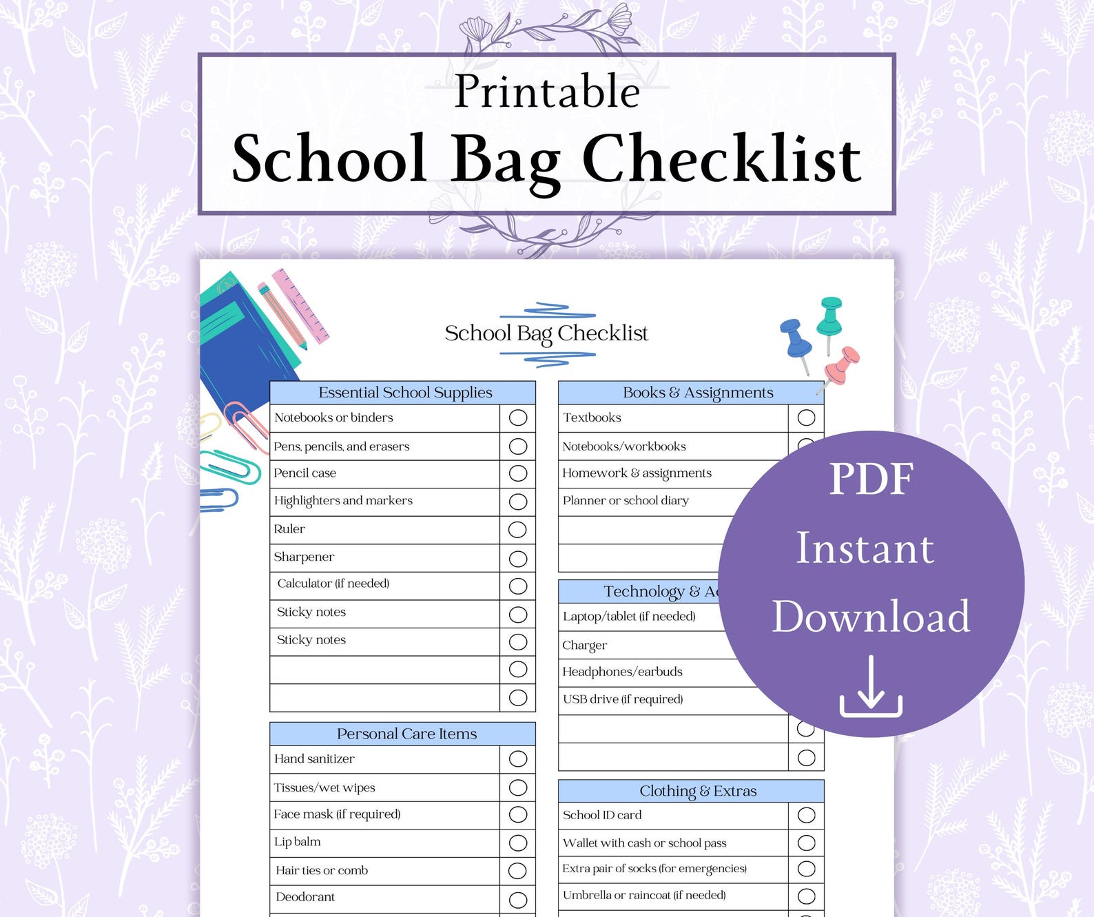 School Bag Checklist Printable PDF | School Backpack Packing List ...