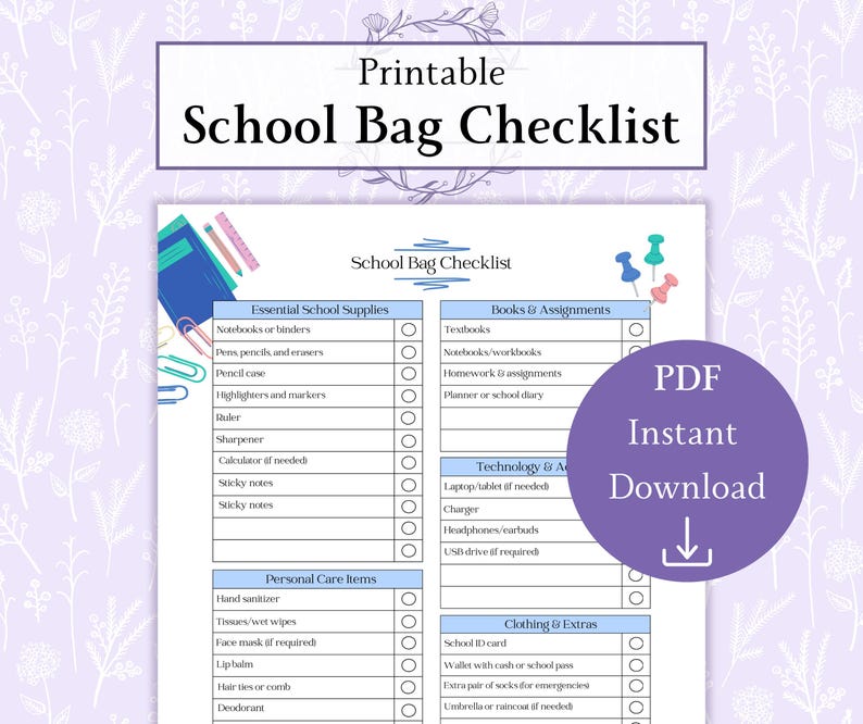 School Bag Checklist Printable PDF | School Backpack Packing List ...