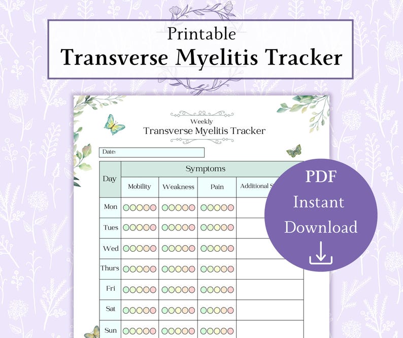 Transverse Myelitis Tracker Printable PDF | Symptom Chart | Transverse ...