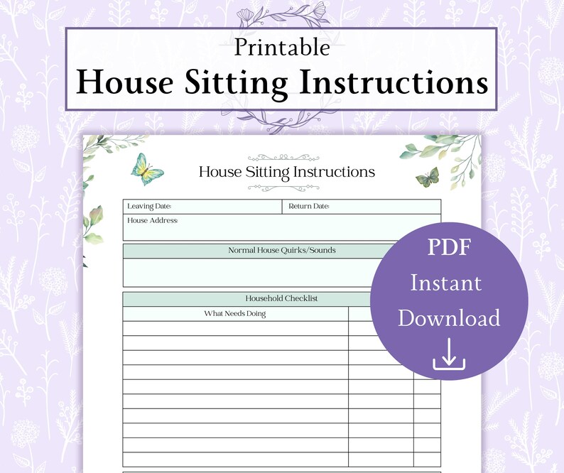House Sitting Instructions Printable PDF | House Sitter Plan | House ...