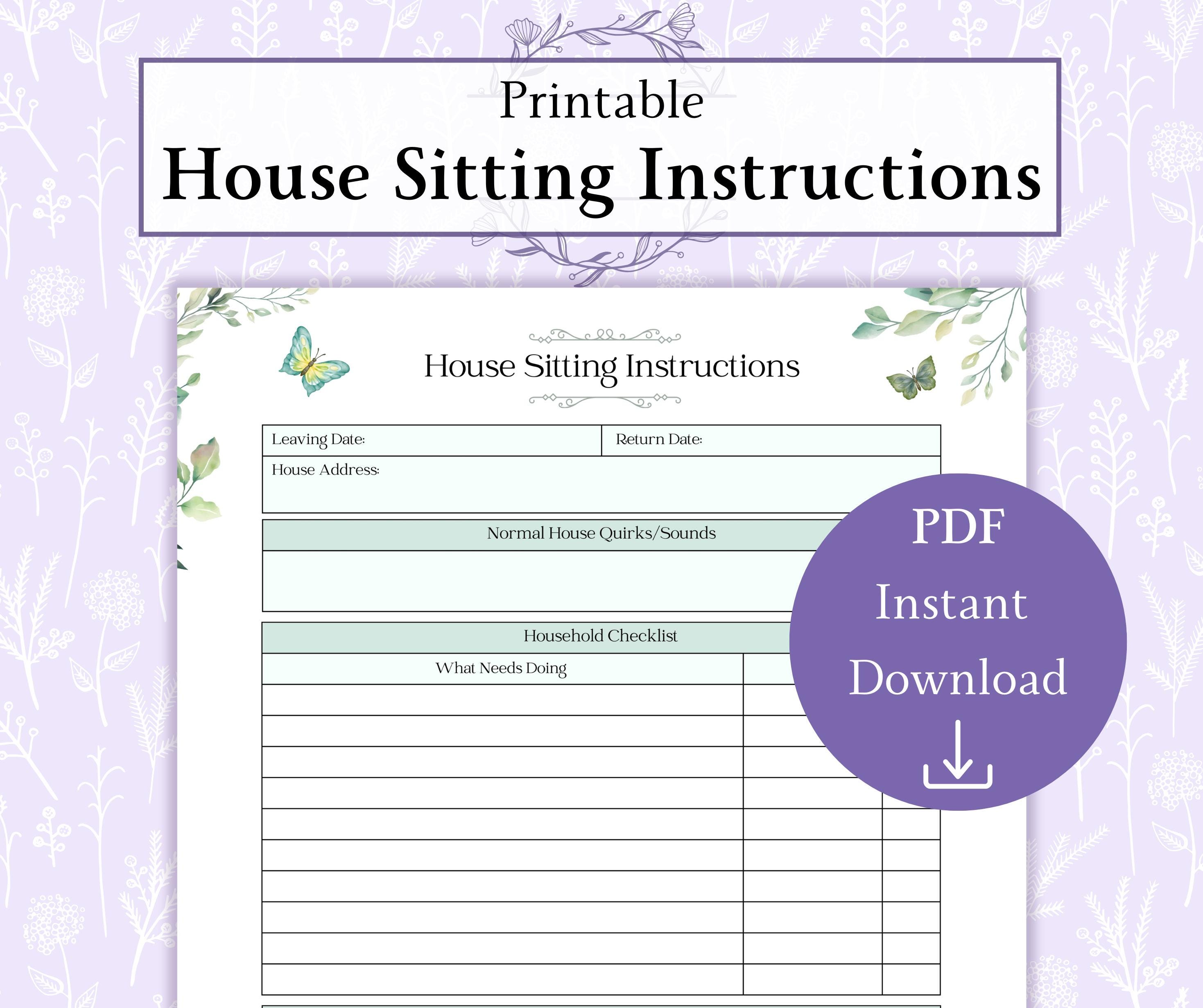 House Sitting Instructions Printable PDF | House Sitter Plan | House ...