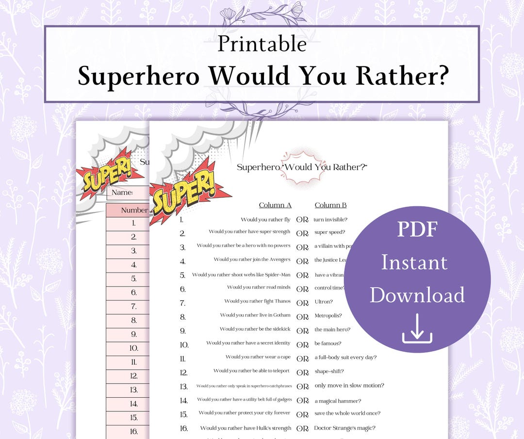 Superhero Would You Rather Printable PDF, Comic Book Party Game, Hero ...
