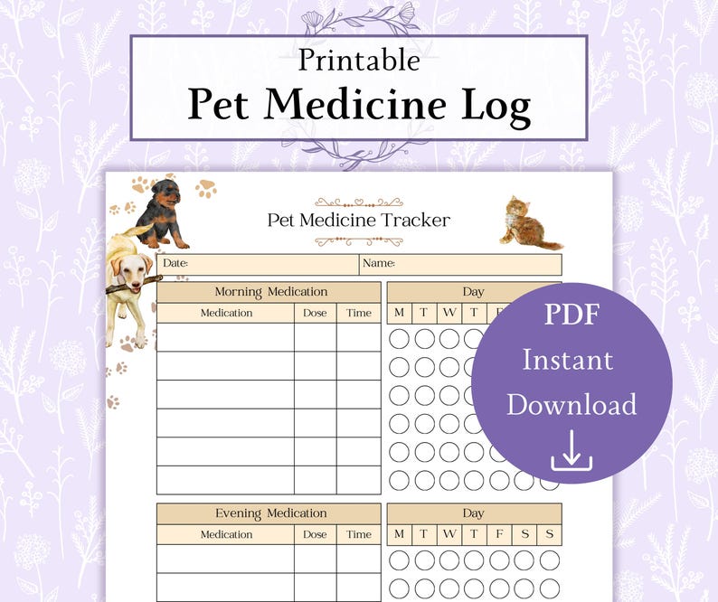 Pet Medicine Log Printable PDF | Pet Health Tracker | Pet Med Tracker ...