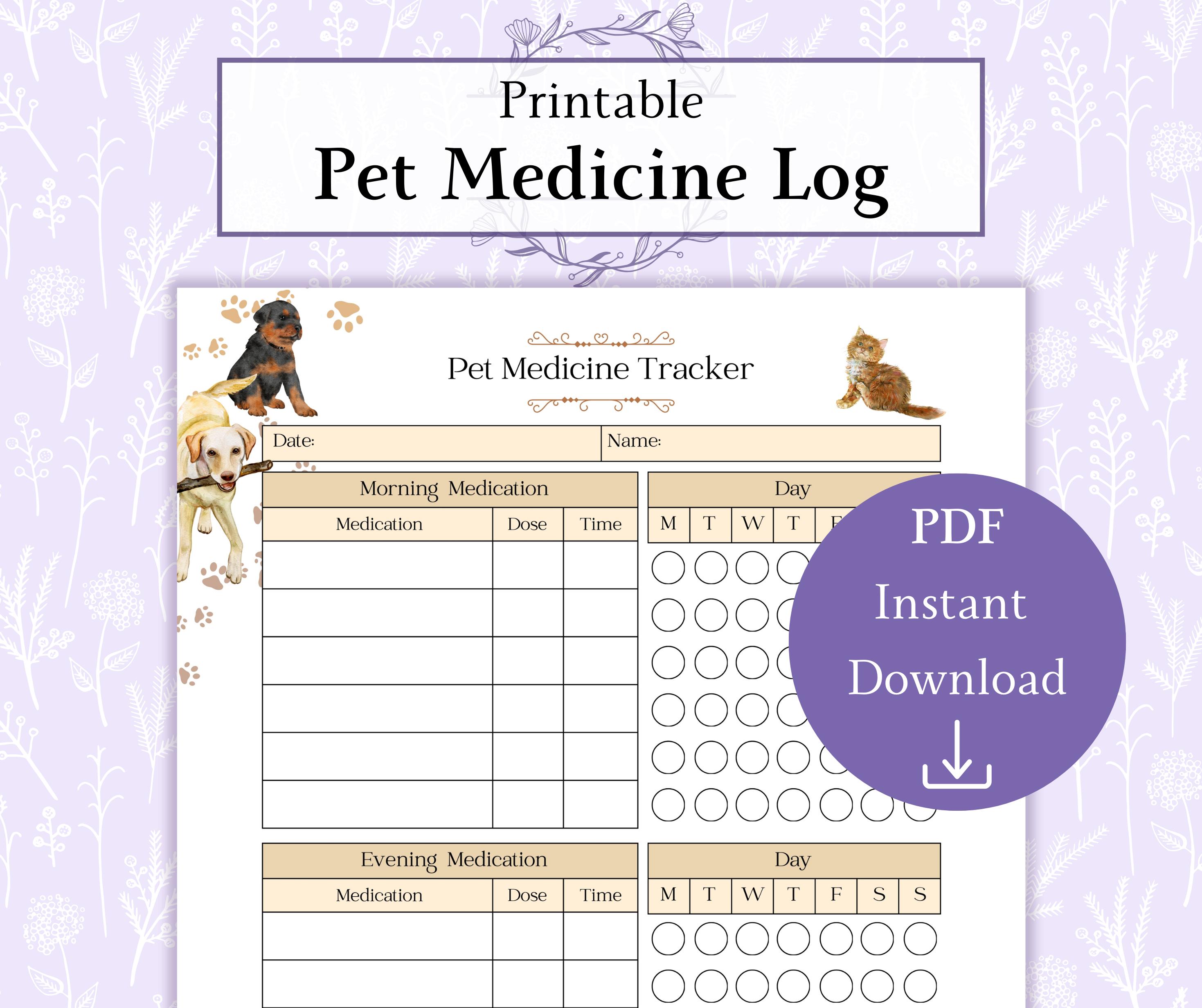 Pet Medicine Log Printable PDF | Pet Health Tracker | Pet Med Tracker ...