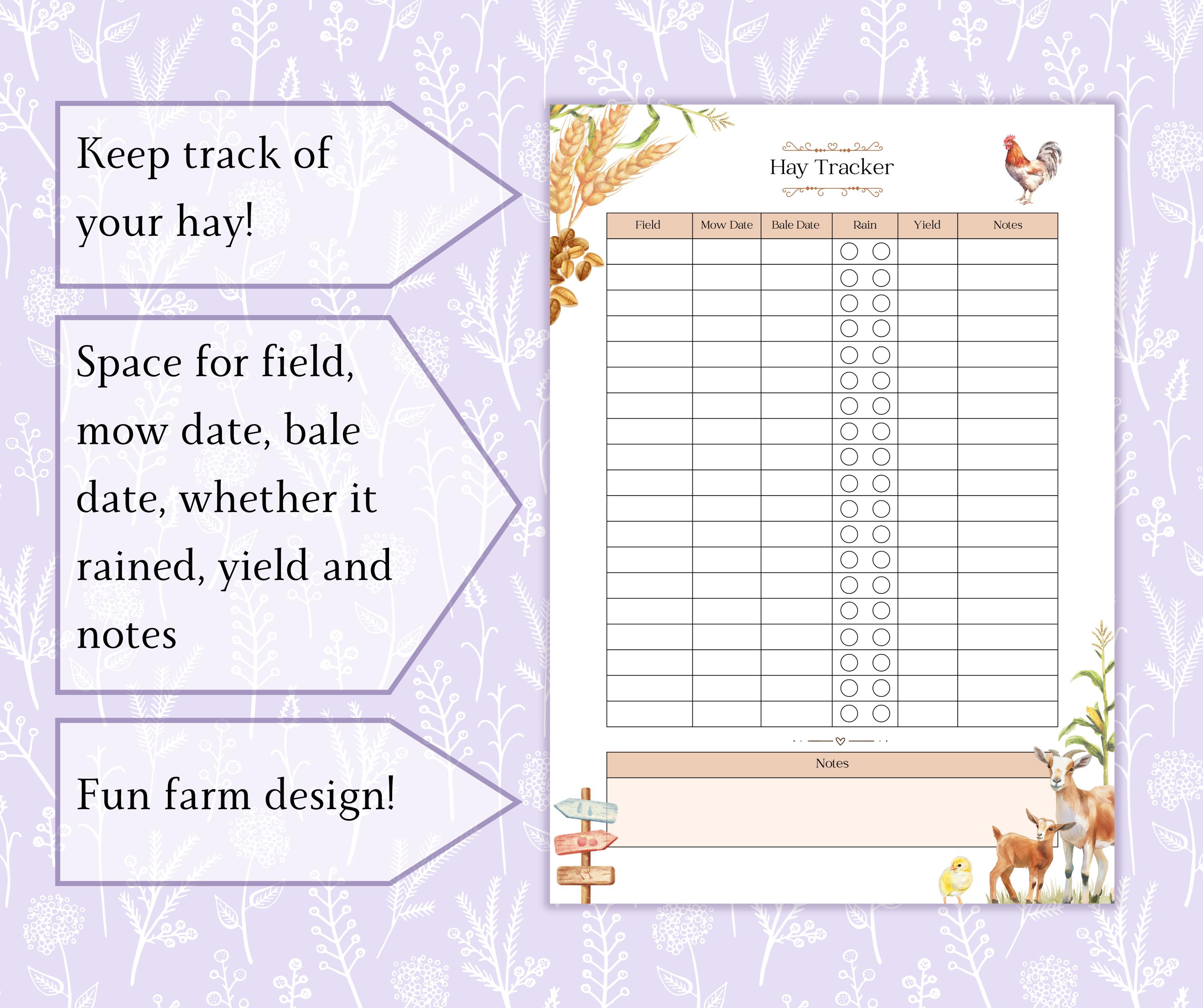 Hay Tracker Printable PDF | Farm Record Keeping | Hay Yielding Chart ...