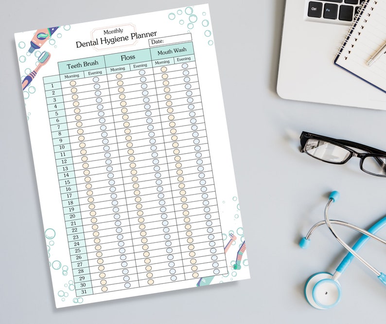 Monthly Dental Hygiene Planner Printable PDF | Tooth Brushing Tracker ...