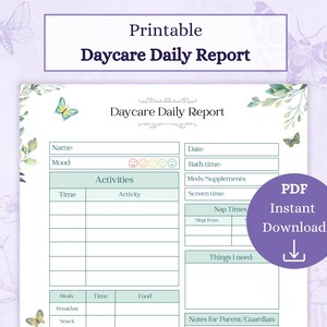 Daycare Daily Report Printable PDF | Caregiver Log | Printable Nanny ...