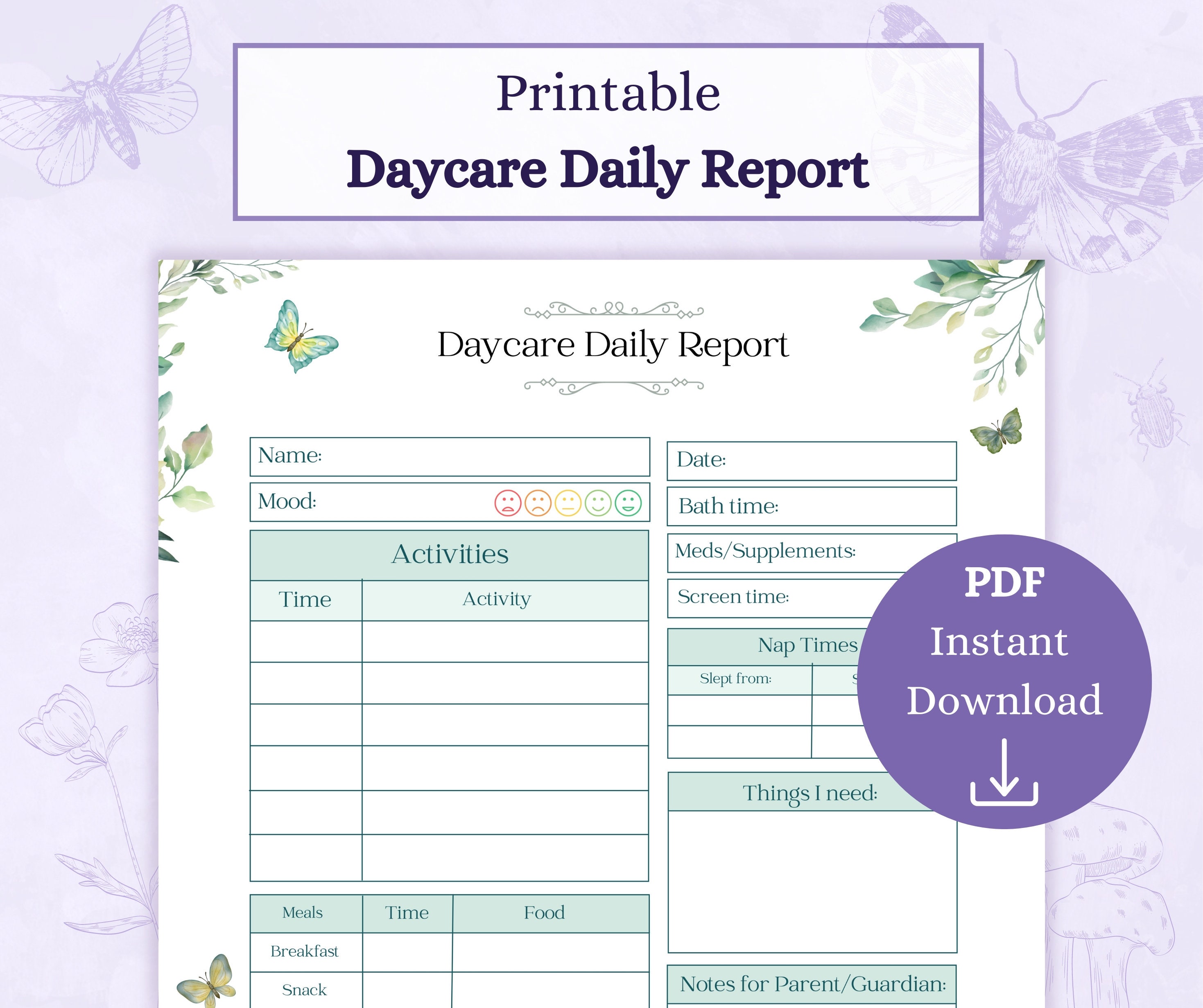 Daycare Daily Report Printable PDF | Caregiver Log | Printable Nanny ...